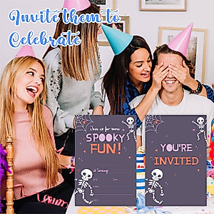 Halloween Birthday Invitations - Cobweb & Skull, Spooky Fun! - 20 Invitation Cards With Envelopes, Double-Sided Invites For Boy & Girls, Teens, Birthday Party Favor, Decorations & Supplies - 01