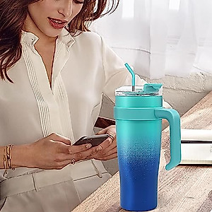 YUTGSMPO 40oz Tumbler with Handle and Straw Lid, Double Walled Stainless Steel Vacuum Insulated Tumblers Water Bottle, Travel Mug Iced Coffee Cup, Cupholder Friendly, Airtight Leak-Proof (Ocean Blue)