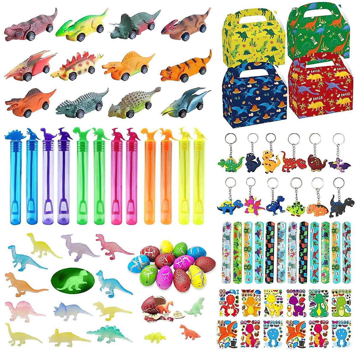 Dinosaur Theme Party Favors Supplies 96 Pcs Birthday Party Decorations Goodie Boxes Hatching Eggs Figures Keychains Pull Back Cars Bubble Wands Slap Bracelets Stickers Toys For Kids Boys Girls