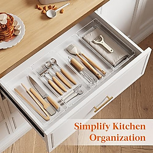 Lifewit Silverware Drawer Organizer, 5.75" x 11.65" Clear Utensil Tray for Kitchen Drawer, Stackable Plastic Flatware and Cutlery Storage Box Divider for Spoons Forks Knives Tools, 4 Pack