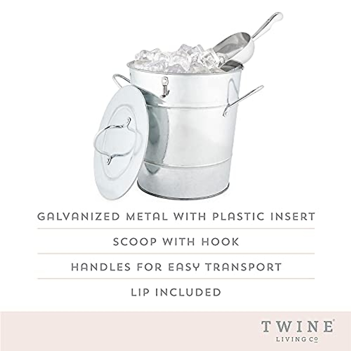 Twine Ice Bucket With Lid And Ice Scoop, Galvanized Metal Drink Tub, Wine And Beer Chiller, Holds 5.35 Gallons