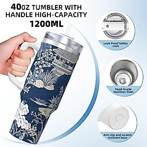 Xiexide 40oz Fits Cup Holder Gifts Ancient Blue And White Chinese Style Chinoiserie Folk Double Walled Vacuum Insulatedith Handle And Straw,Hot & Cold Drinks