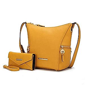 MKF Crossbody Hobo Bag for Women & Wristlet Wallet Purse Set ­– PU Leather Top Handle Pocketbook Shoulder Handbag Mustard