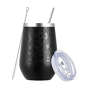 MEWAY 12oz Stainless Steel Wine Tumbler with Lid - Double Wall Vacuum Insulated Swig cups for Hot and Cold Drinks, Ideal for Coffee, Beer, Wine gifts for Women under 10 dollars(Black Leopard,1)
