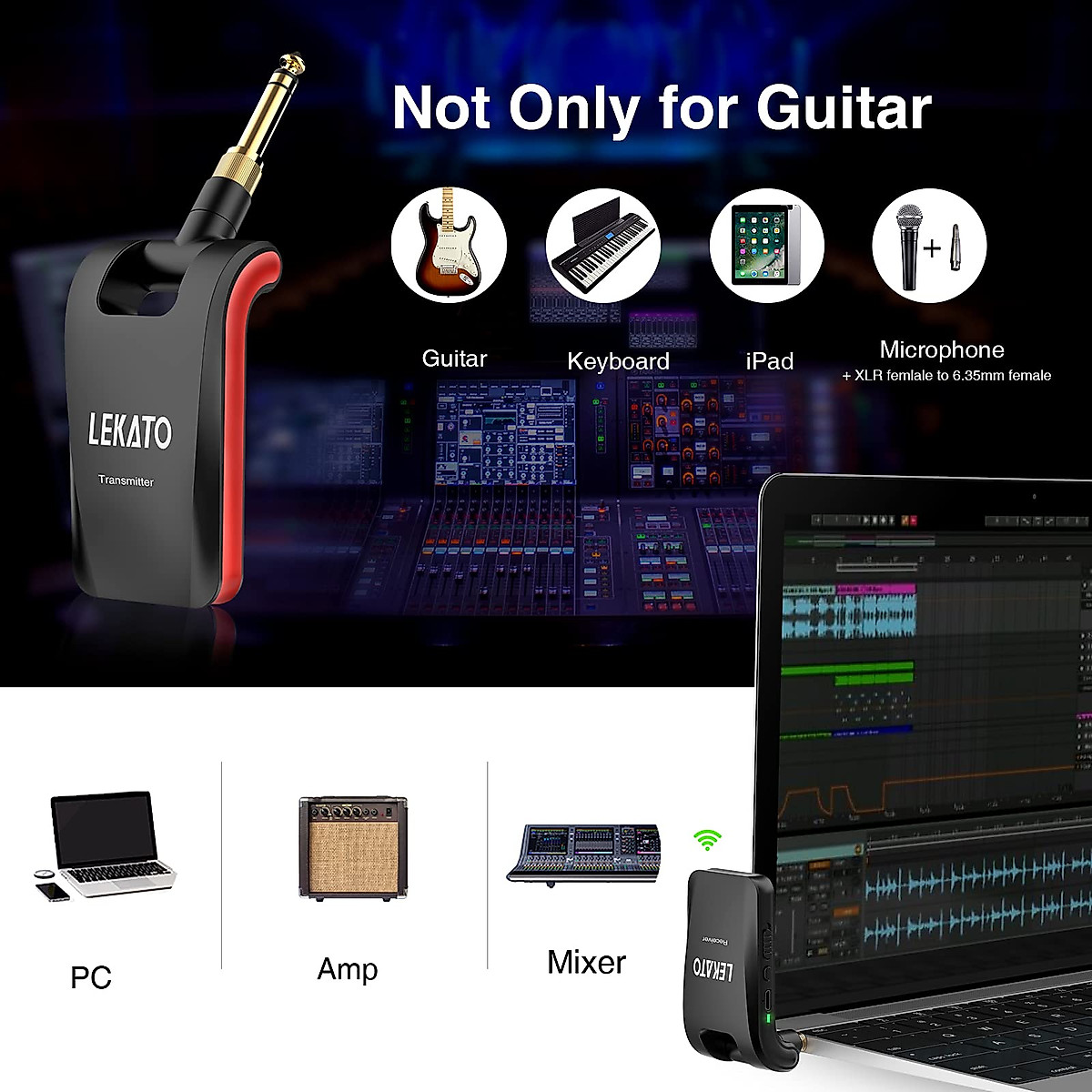 LEKATO Wireless Guitar System 2.4GHz Rechargeable Audio Wireless Transmitter Receiver 6 Channels for Guitar Bass Electric Instruments, Stereo and Mono 1/4” & 1/8” 2 in 1 Plugs,Black(WS-60)