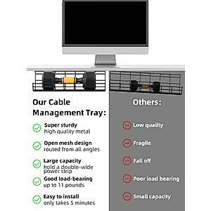 2 Pack Under Desk Cable Management Tray, 16.5'' Desk Cable Organizer Metal Wire Cord Management Under Desk Organizer for Office, Home, Black