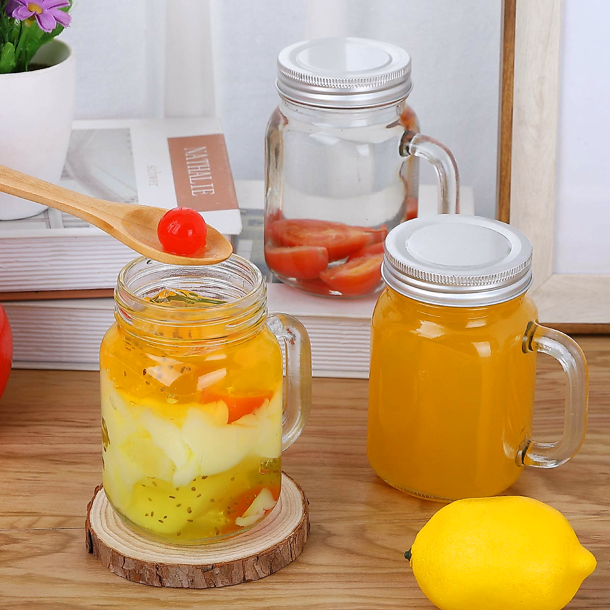 Mcupper 8oz Mason Jar Mug with Handle and Golden Lids,Set of 12 Old Fashioned Drinking Glass for Beverages, Decoration, Storage, Party Favors, Cocktails, Floats, Centerpieces and more