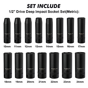 CASOMAN 18PCS 1/2" Drive Impact Socket Set, Deep, Cr-V Steel, Metric, 10mm-24mm, Includes Extension Bars:3-inch, 5-inch, 10-inch