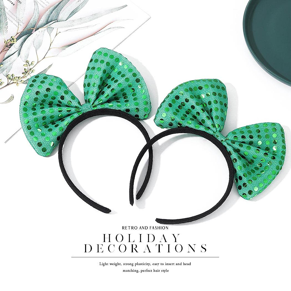 DRESBE Green Sequins Bowknot Headbands St. Patrick's Day Headband Festival Costume Accessories for Women and Girls(Pack of 2)