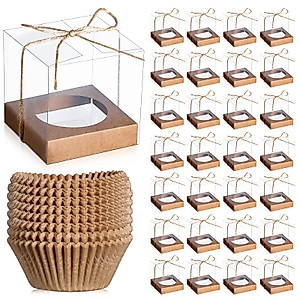 Ctosree 50 Sets Clear Plastic Cupcake Boxes 3.5 Inches Single Cupcake Containers with 100 Pcs Cupcake Liners Cupcake Containers Baking Cups Single Cupcake Holders Cupcake Storage for Cake Dessert