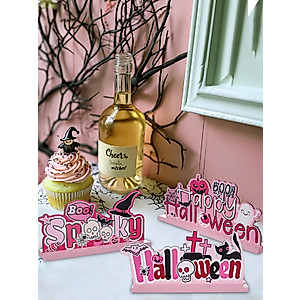 3 pcs Halloween Table Decor Wooden Centerpiece Signs- Happy Halloween Trick or Treat Boo Tabletop Signs with Witch Hat Goast Pumpkin for Home Party Office Desk Halloween Decorations Indoor