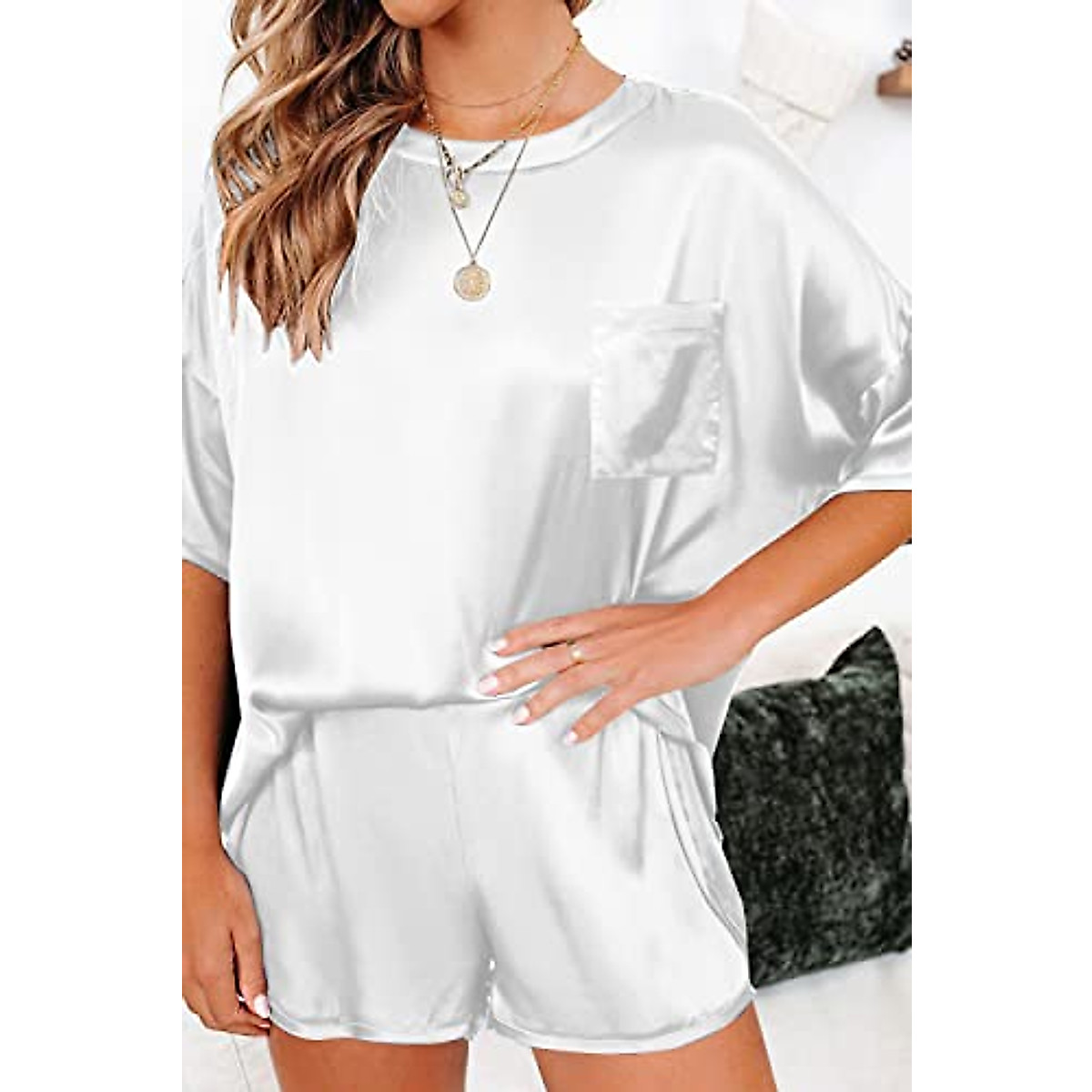 Ekouaer Silk Loungewear Set Short Sleeve Satin Sleepwear Top and Pajama Shorts Set Causal Pjs(Pure White, Medium)