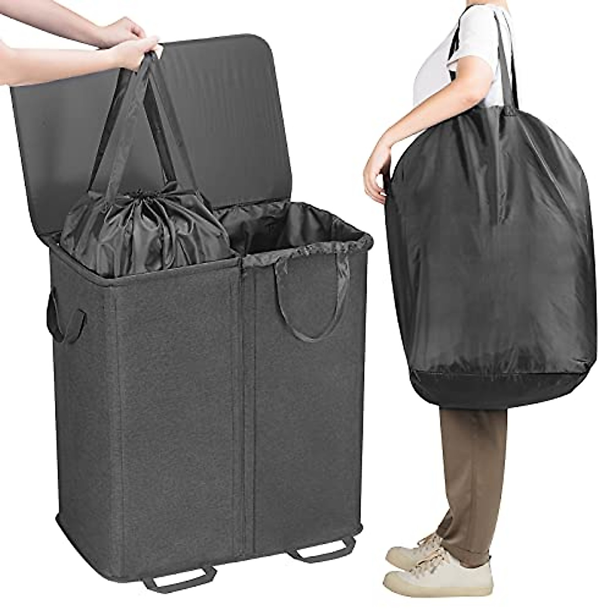 Lifewit Double Laundry Hamper with Lid and Removable Laundry Bags, Large Collapsible 2 Dividers Dirty Clothes Basket with Handles for Bedroom, Laundry Room, Closet, Bathroom, College, Grey and Black