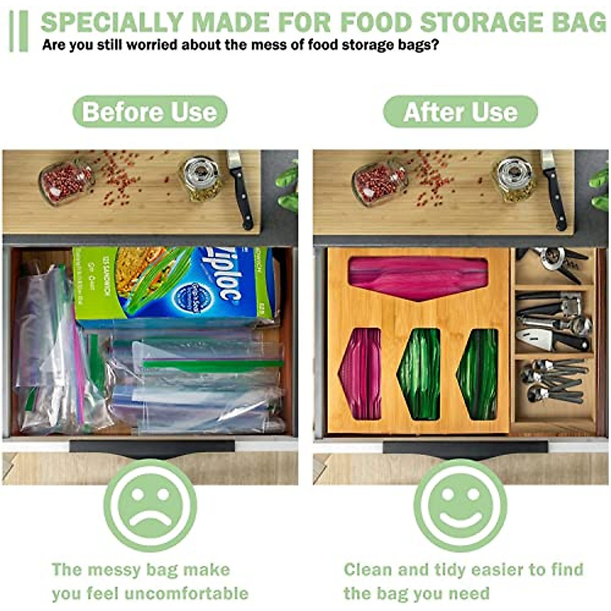 Bamboo Bag Organizer for Drawer, 1 Box of 4 Slots Ziplock Bags Storage Organizer for Gallon Quart Sandwich Snack Variety Size Bag, Nemesis of Chaos Drawer