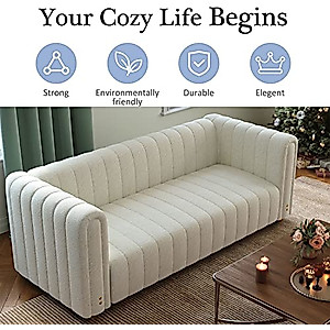 RUNOLIG Velvet Couch, Upholstered Chesterfield Sofa with Unique Level Arms and Golden Ball Legs, Comfy Couch with Vertical Stripe Style and Wooden Frame, Couches for Living Room, Apartment (White)