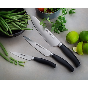 ARCOS Forged Kitchen Knife Set 3 Pieces (Paring Knife + Kitchen Knife + Chef's Knife). Stainless Steel Forged Nitrum. Polypropylene POM Handle. Series Clara. Black Color
