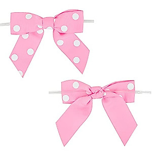 AIMUDI Baby Pink Polka Dot Ribbon Twist Tie Bows 3.5" Premade Dotted Grosgrain Ribbon Bows Pretied Bows for Treat Bags, Crafts, Gift Wrapping, Party Favors, Baby Shower, Cellophane Bag - 12 Counts