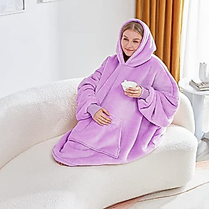 Touchat Wearable Blanket Hoodie, Oversized Sherpa Blanket Sweatshirt with Hood Pocket and Sleeves, Super Soft Warm Plush Hooded Blanket for Adult Women Men, One Size Fits All (Purple)