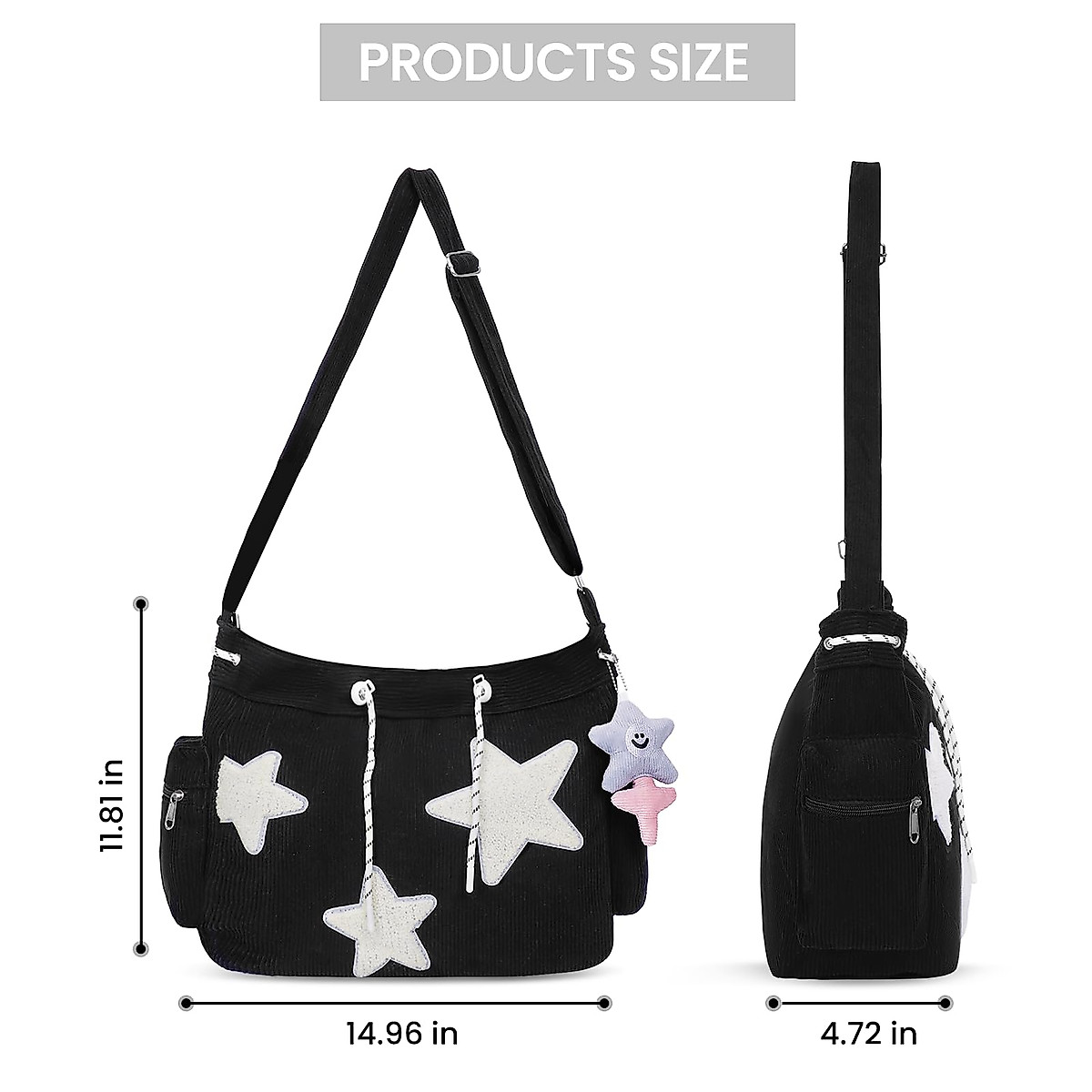 Y2K Star Tote Bag for Women, Emo School Grunge Bag Aesthetic, Cute Corduroy Shoulder Purse, Lightweight and Spacious Kawaii Tote Hobo Bag for Teen Girl
