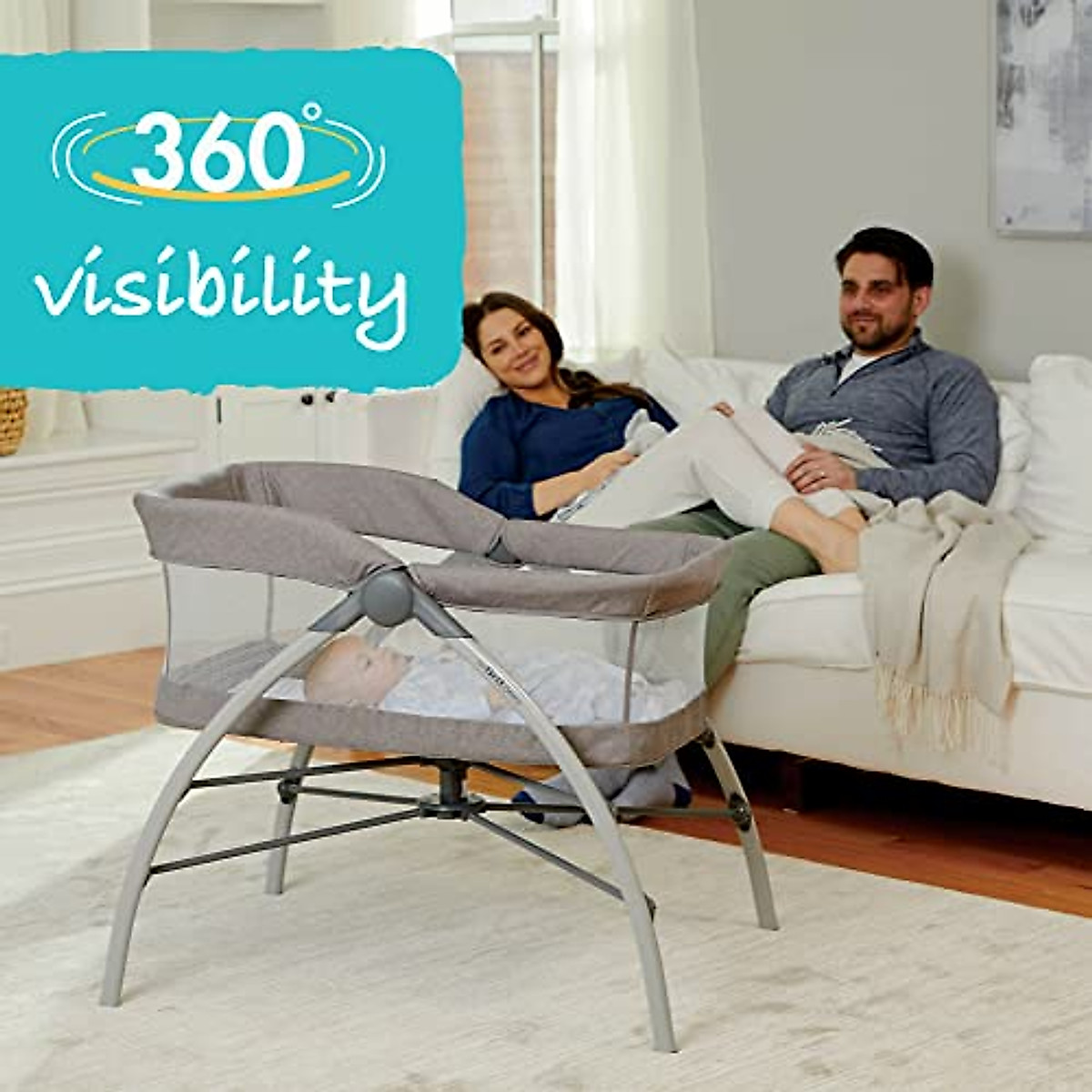 The First Years First Dreams Folding Baby Bassinet - Portable Crib for Travel - Bassinet Bedside Sleeper for Baby - White