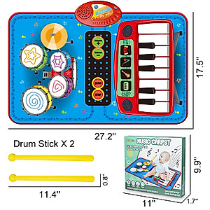 PRAGYM Baby Toys for 1 Year Old Boys & Girls, 2 in 1 Musical Toys, Toddler Piano & Drum Mat with 2 Sticks, Learning Floor Blanket, Birthday Gifts for 1 2 3 Year Old Boys & Girls