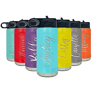 Personalized Bottle 20 oz with Straw Lite Blue Custom Laser Engraved Stainless Steel Vacuum Insulated Sport Bottle with Name