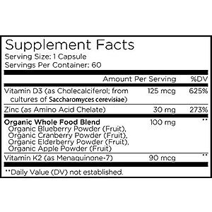 Amen Vitamin D, K2 & Zinc, Cholecalciferol D3 5000 IU, Organic Whole Food Blend with Apple, Blueberry, Cranberry, Elderberry Powder Fruits, Vegan Supplement, D3 K2 Vitamins, Non-GMO - 60 Capsules