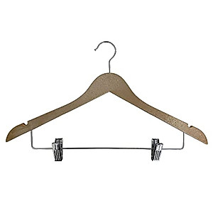 USTECH Bowed Shaped Eco-Friendly Clothes Hangers with Clips | Heavy Duty Wood Finish Hanger for Suits, Pants, and Skirts | Closet Space Saver with Shoulder Notch for Strappy Dresses | Pack of 10