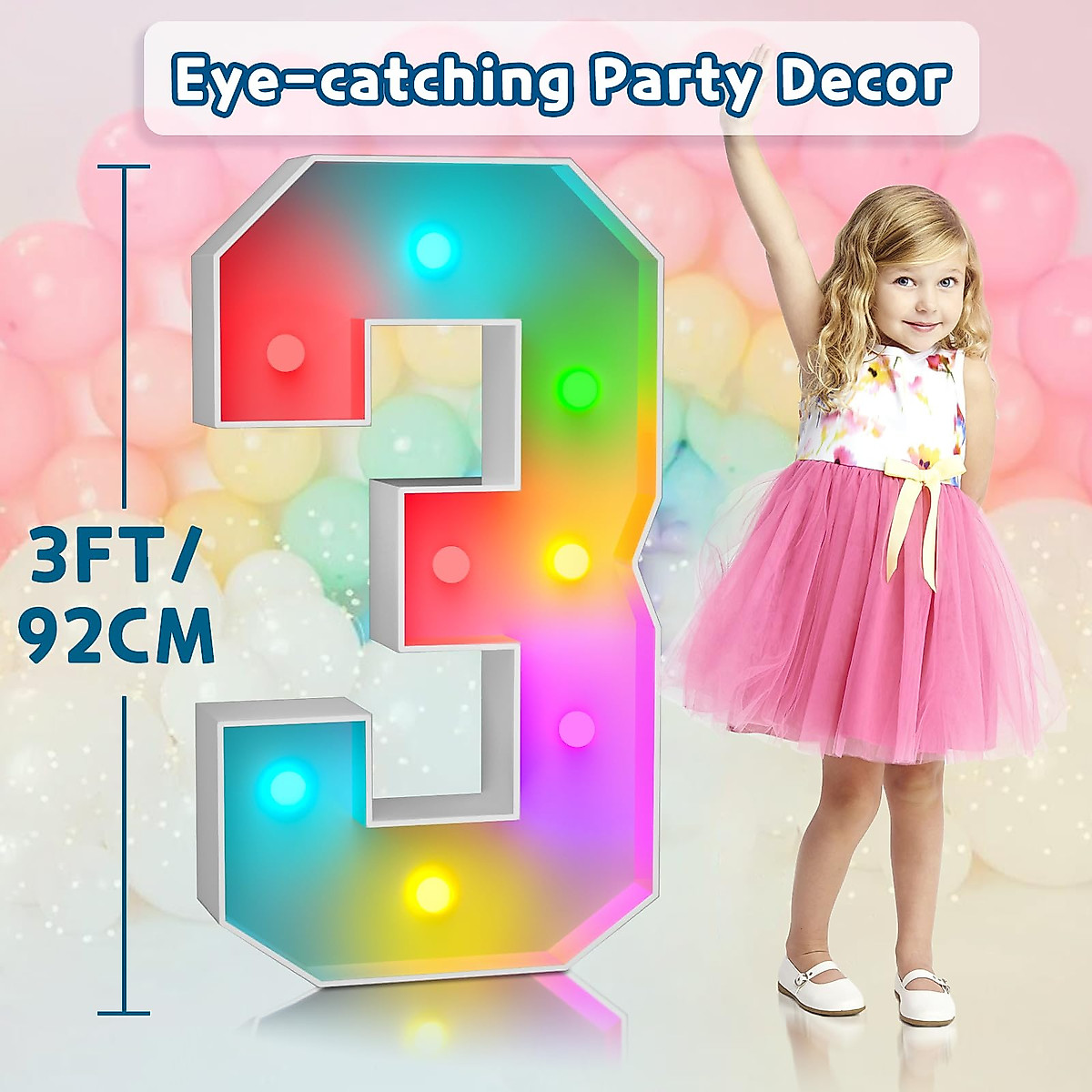 Imprsv 3FT Colorful Light Up Number 3 for Party & Celebrations