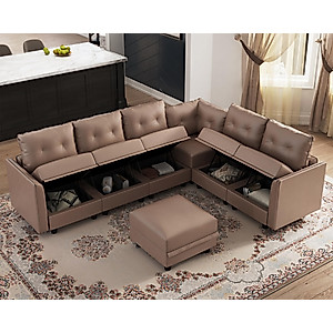 LLappuil Modular Sectional Sofa, Convertible L Shaped Sectional Couch with Storage, Faux Leather Fabric, Modular Sectionals with Chaise, 7 Seats Sofas for Living Room, Cognac Brown