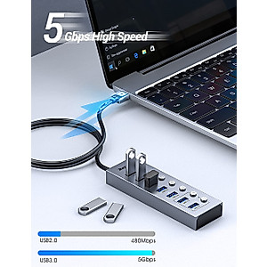 Powered USB 3.0 Hub, Aluminum 7-Port USB Data Hub Splitter with 5V/3A AC Adapter and Individual On/Off Switches, USB Hub Powered Charging for MacBook Pro/Air, PC, Laptops, Surface Pro,HP, etc