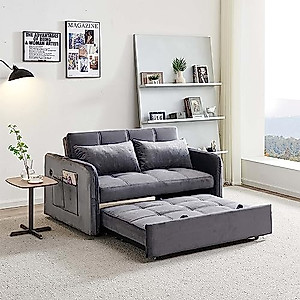 Antetek 3-in-1 Sleeper Sofa Bed w/USB Port, Modern Convertible Tufted Velvet Upholstered Pull Out Futon Couch, 55.5" W Small Loveseat Sofa for Office Living Room Small Space, Grey