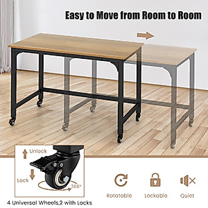 COSTWAY 48” Mobile Computer Desk, Home Office Desk on Wheels, Simple Study Writing Table with 4 Lockable Wheels, Metal Frame, Rolling Laptop PC Table for Small Space (Natural)