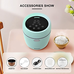 Mishcdea Small Rice Cooker 3-Cup Uncooked, Mini Rice Cooker Ceramic Nonstick for 1-2 People, Multi Menus with Smart Touch Screen, Timer & Warmer, for Quinoa, Oats and Grains, Aqua