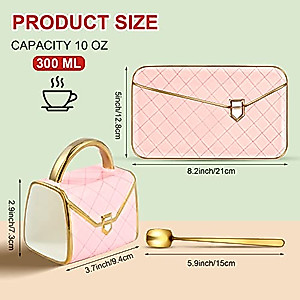 Zubebe Handbag Shaped Mug Purse Coffee Ceramic Mug Set with Spoon and Saucer 10 Oz/ 310 ml Cute Creative Design Travel Tea Cup for Women Thanksgiving Christmas Gifts (Pink,1 Set)