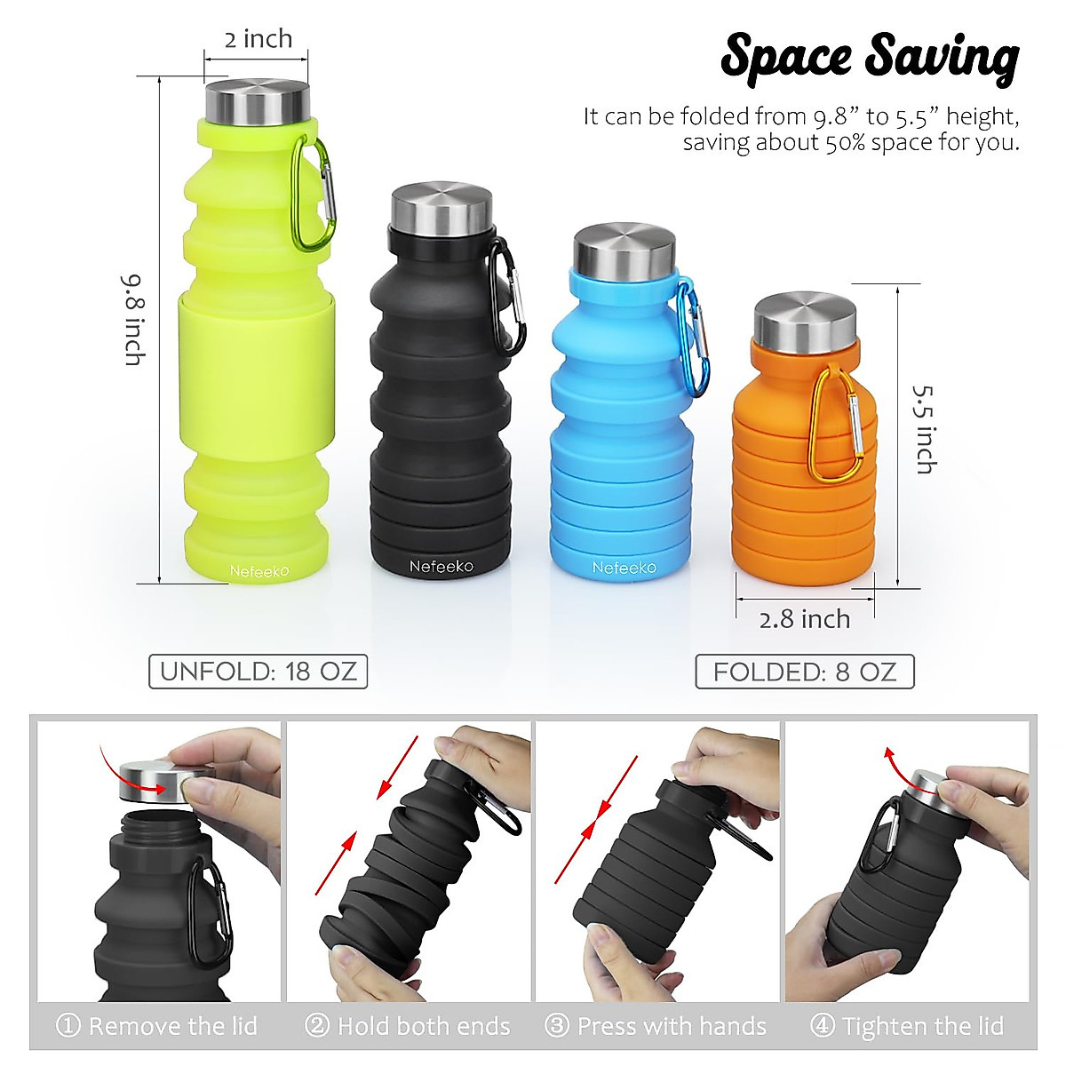 Nefeeko Collapsible Water Bottle, Reuseable BPA Free Silicone Foldable Bottles for Travel Gym Camping Hiking, Portable Leak Proof Sports Water Bottle with Carabiner