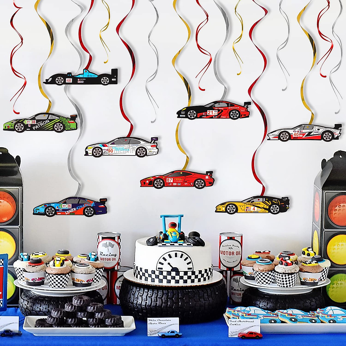 Racing Car Party Foil Swirls Streamers Photo Booth Props Kit - 30 Pcs Room Hanging Decorations Happy Birthday Childrens Kids Favors Party Supplies - NO DIY REQUIRED