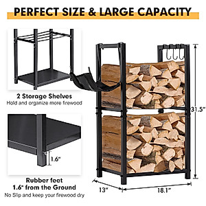 NALONE Firewood Rack Indoor, Small Outdoor Firewood Log Storage Rack, 2-Tier Wood Holder with 6 Hooks, Firewood Stand for Indoor Fireplace, Outdoor Patio, Fire Pit, Stove