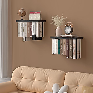 Tohiasen Floating Book Shelves for Wall Mounted Set of 2, Wood Hanging Bookshelf, Book Display Shelf for Wall, Unique Space Saving Book Shelf Wall Book Holder(Black)