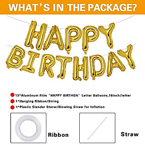 Accevo Gold Happy Birthday Balloons 16 Inch Mylar Foil Letters Balloons Happy Birthday Banner for Kids Child Adults Boys Girls Happy Birthday Sign Birthday Party Decorations Supplies