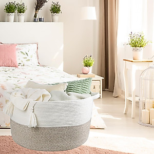 Blanket Basket Living Room, 20"x13" Woven Baskets for Blanket Toy Storage, Cotton Rope Basket for Organizing, Large Laundry Basket for Living Room, Nursery, Pillows, Baby Toy chest