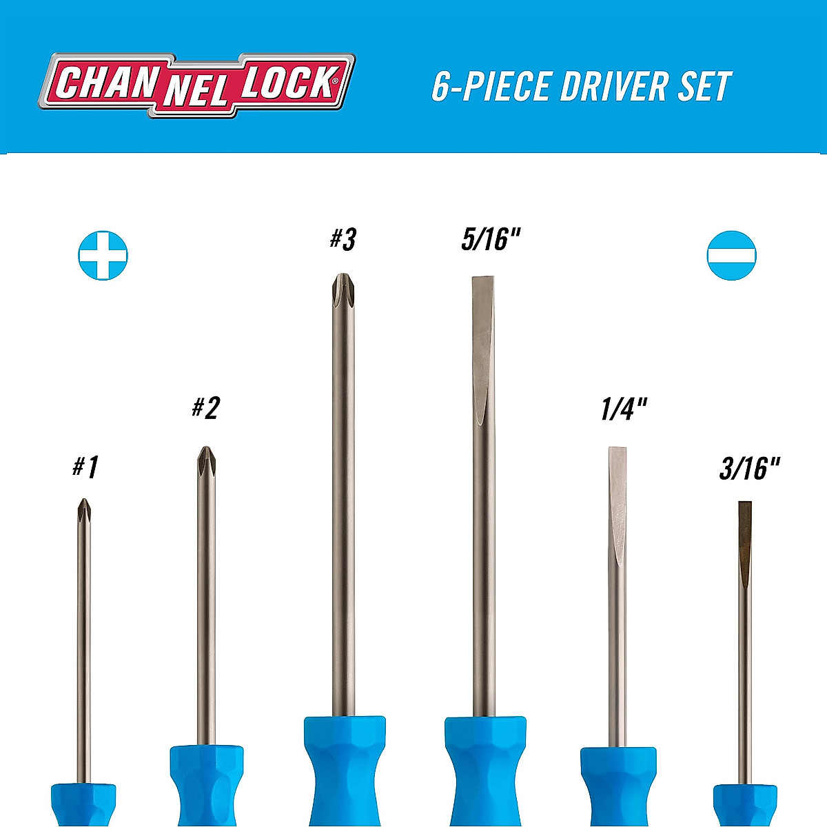 CHANNELLOCK SD-6H 6 Piece Professional Screwdriver Set, Magnetic Tip, Made in USA, Molded Tri-Lobe Grip