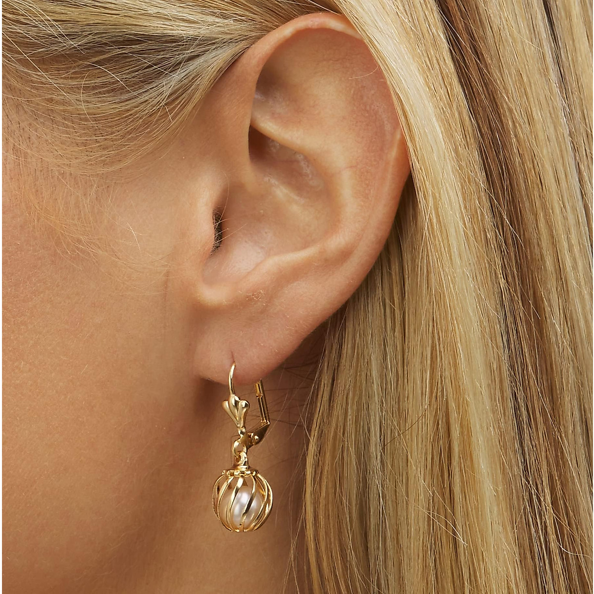Barzel 18K Gold Plated Pearl Drop Earrings Caged (ER308)