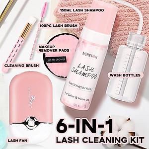MERETON 150ml Lash Shampoo for Lash Extensions, Eyelash Extension Cleanser Lash Cleaning Kit for Cluster Lashes with Fan+Makeup Pad+Cleaning Brush+100 Pcs Lash Brush+Wash Bottle, Oil Free Foam
