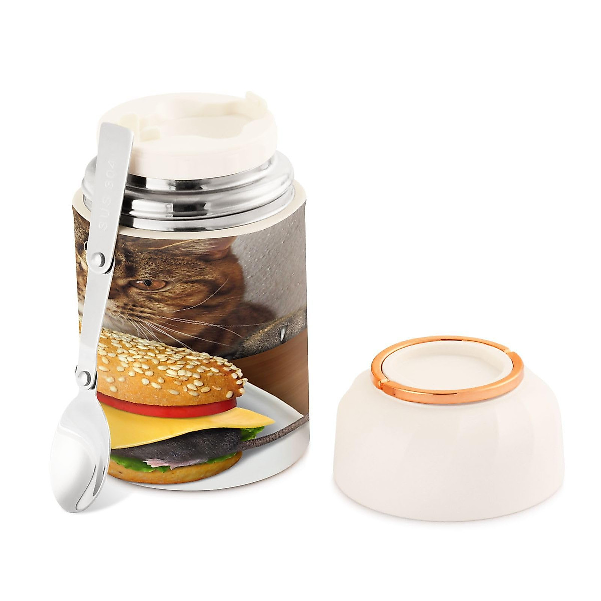 CUPADA Cat Lunch Funny Food Jar, Mouse Burger Insulated Hot Food Jars Vacuum 17OZ with Folding Spoon for Work Trip Picnic Camping