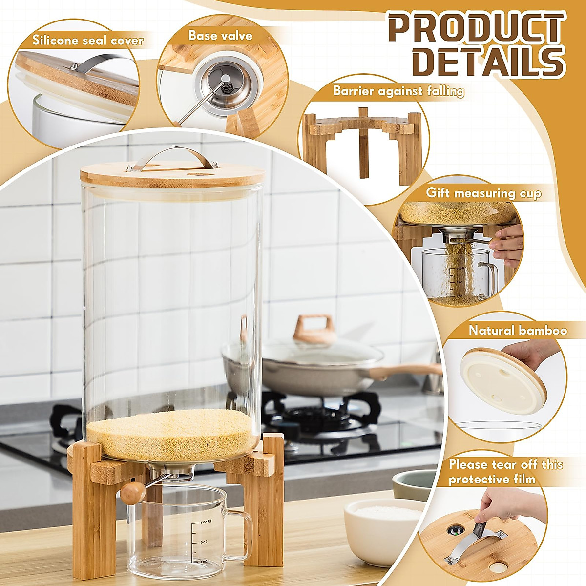 Tioncy 8L Flour and Cereal Glass Container Rice Oatmeal Dispenser Storage Container Cereal Food Storge Container with Airtight Lid Wooden Stand and Measuring Cup for Kitchen Organization Pantry Store