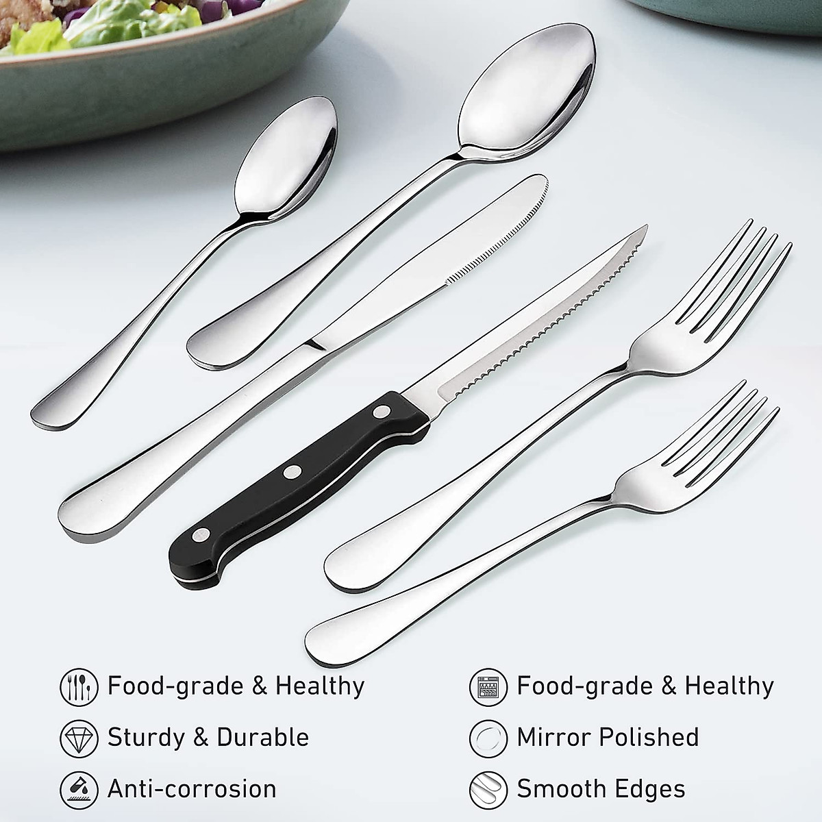 50PCS Silverware Set with Organizer, Silverware Drawer Organizers Durable Stainless Steel Flatware Set for 8 Cutlery Forks Spoons Steak Knives Kitchen Utensils Tray, Mirror Polished Dishwasher Safe