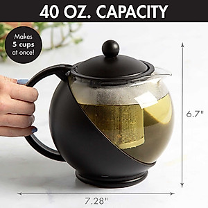Primula Half Moon Teapot with Removable Infuser, Glass Tea Maker, Stainless Steel Filter, Dishwasher Safe, 40-Ounce, Black