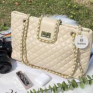 Seagloca 11.8" Women Quilted Double Strap Shoulder Bag Solid Color quilted tote Handbag Hobo handbag (White)