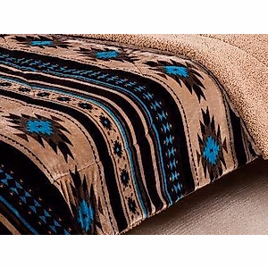Linen Mart Southwest Aztec Sherpa Borrego Fleece Blanket - 3 Piece Set (Tan) (Queen)